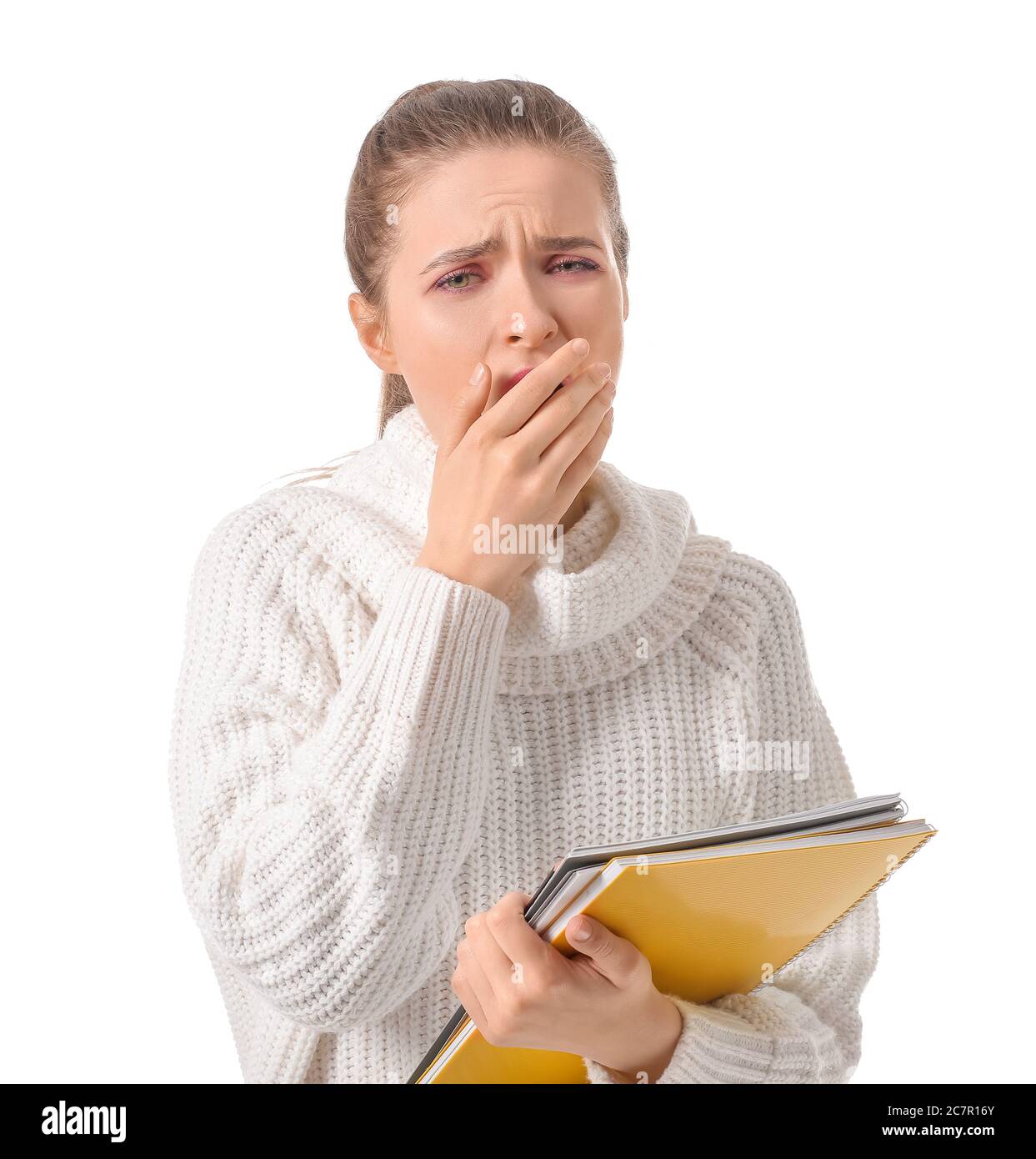 Tired woman with documents on white background. Concept of sleep ...