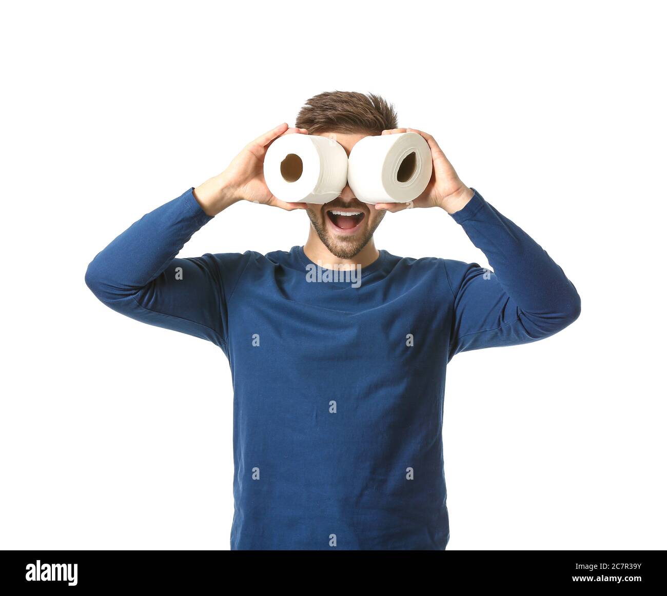 Funny young man with toilet paper on white background Stock Photo - Alamy