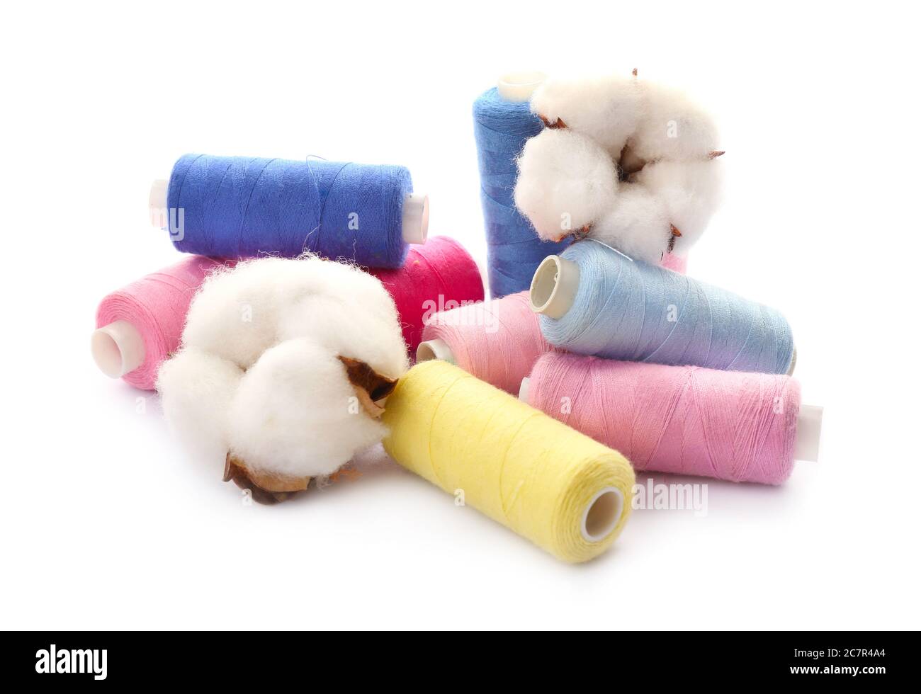 Cotton flowers and threads on white background Stock Photo - Alamy