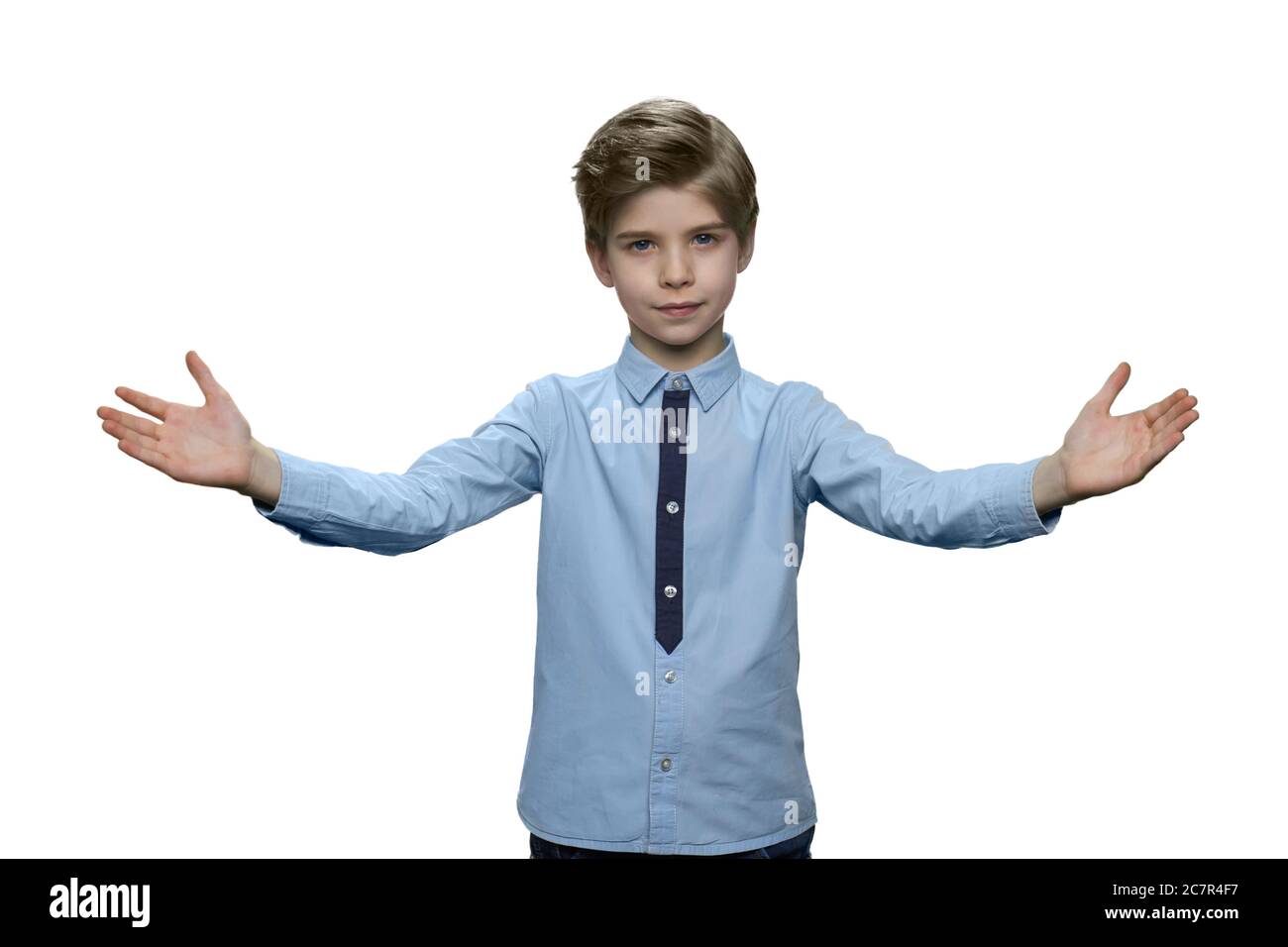 Welcoming boy and his arms wide open on white background Stock Photo ...