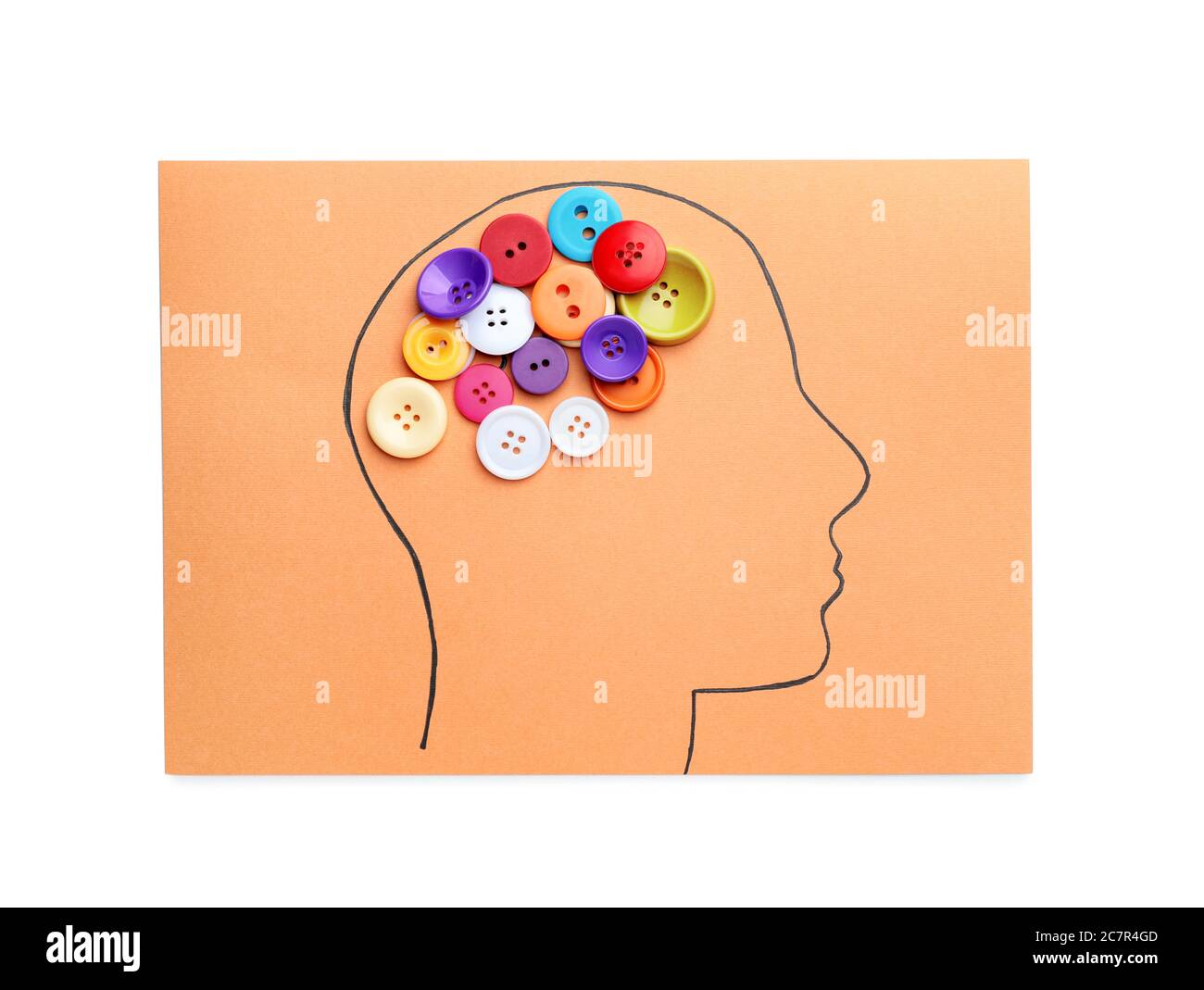 Paper with drawn human head and buttons on white background. Neurology ...