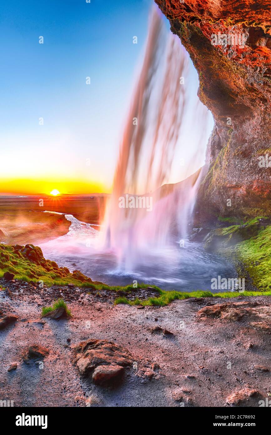 Beautiful Seljalandsfoss waterfall in Iceland during the sunset ...