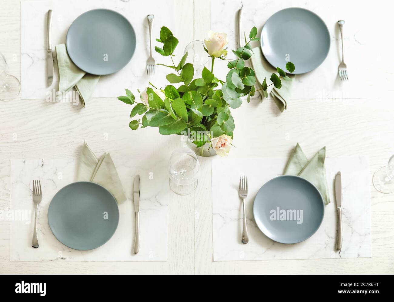 Table served in modern stylish dining room, top view Stock Photo - Alamy