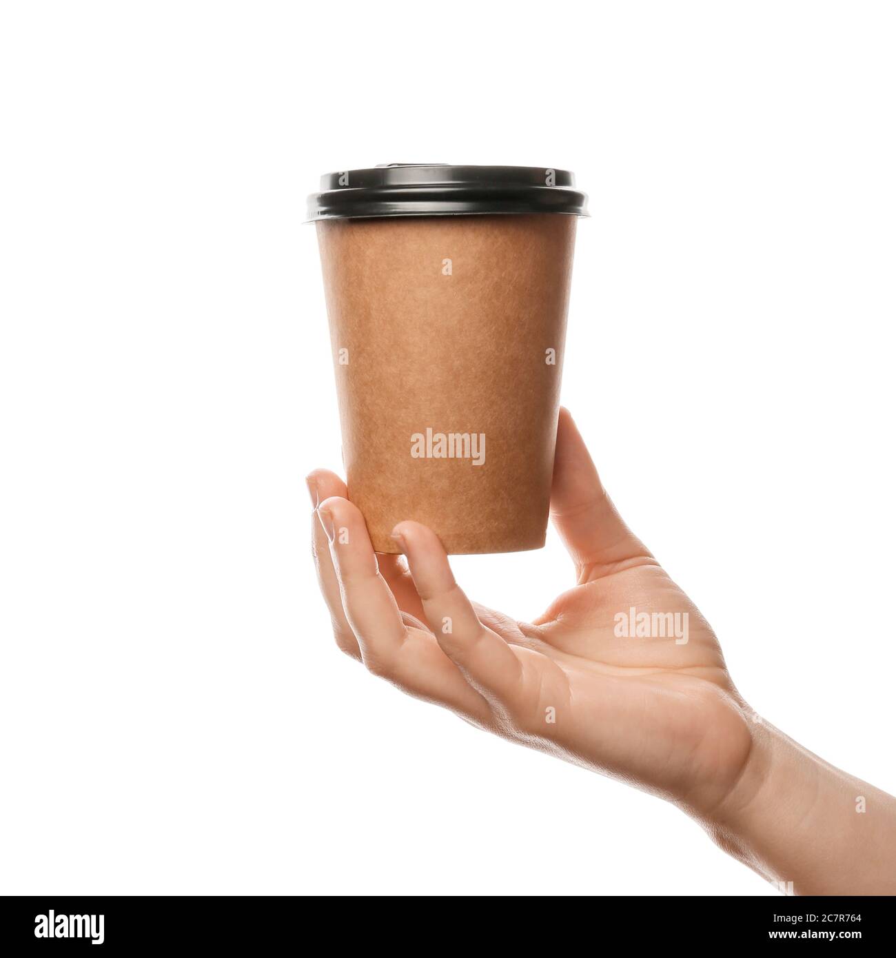Female hand with cup of coffee on white background Stock Photo - Alamy