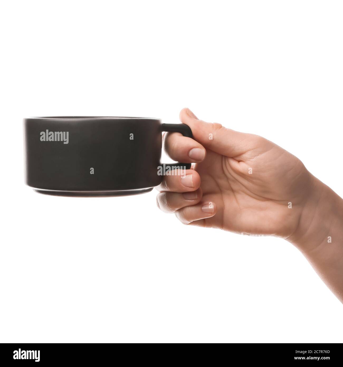 Female hand with cup of coffee on white background Stock Photo - Alamy