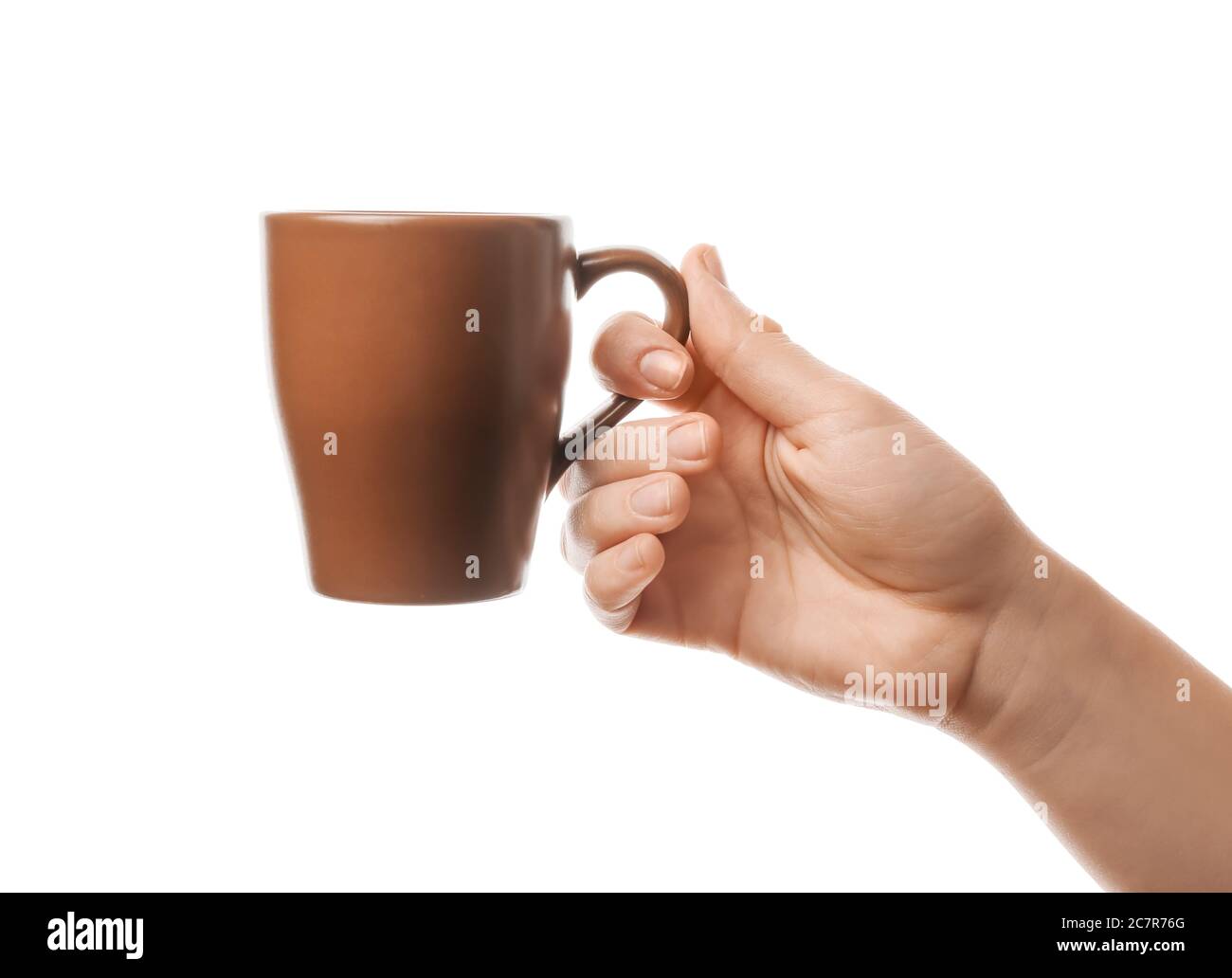 Female hand with cup of coffee on white background Stock Photo - Alamy