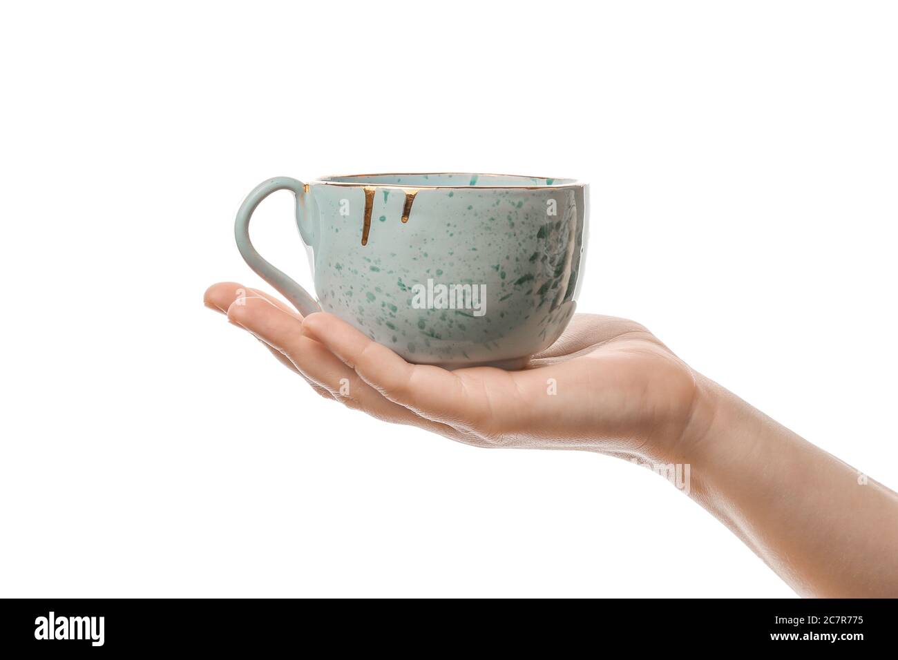 Female hand with cup of coffee on white background Stock Photo - Alamy