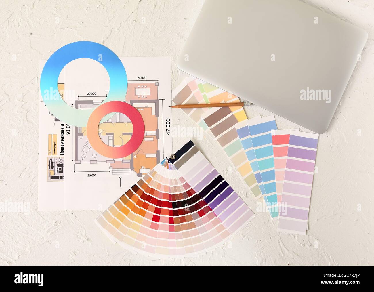 Color palettes with building plan and laptop on white background Stock ...