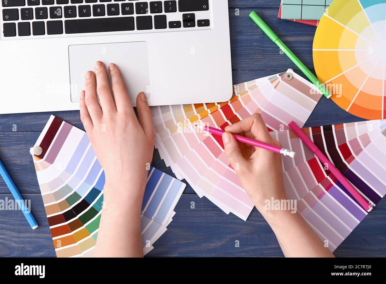 Designer working with color palettes, top view Stock Photo - Alamy