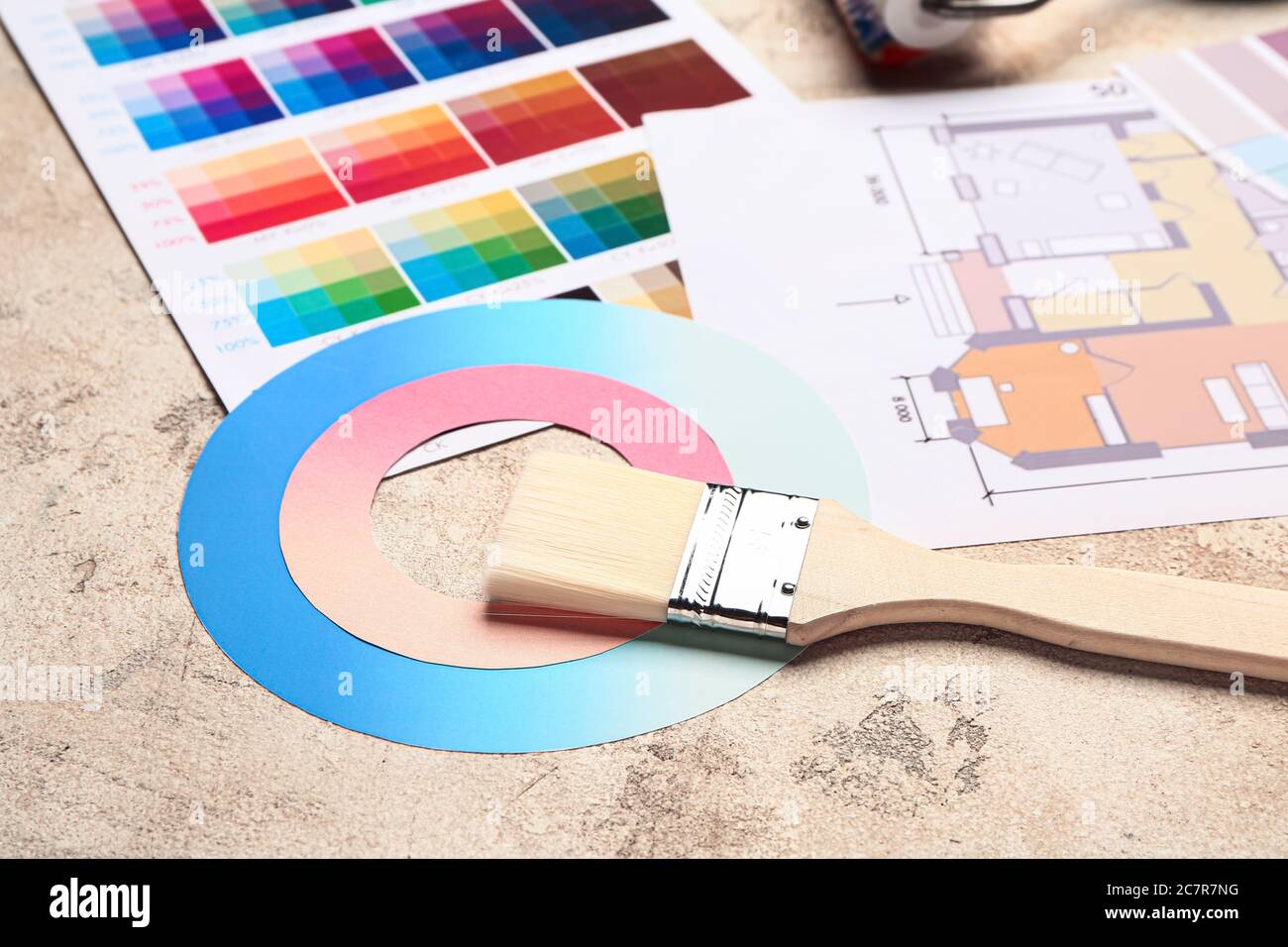 Color palettes with building plan and paint brush on light background ...