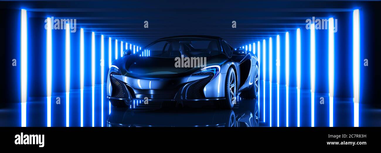 Sports car, studio setup on a dark background. 3d rendering Stock Photo ...