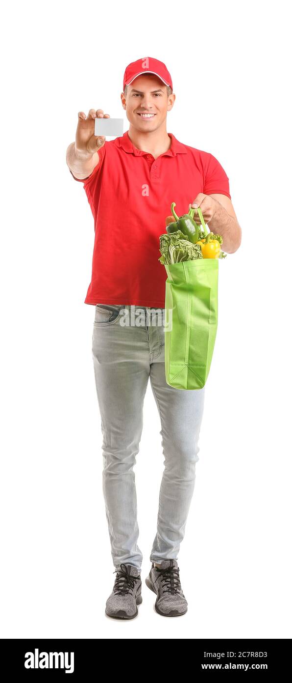 Delivery man with food in bag and business card on white background ...