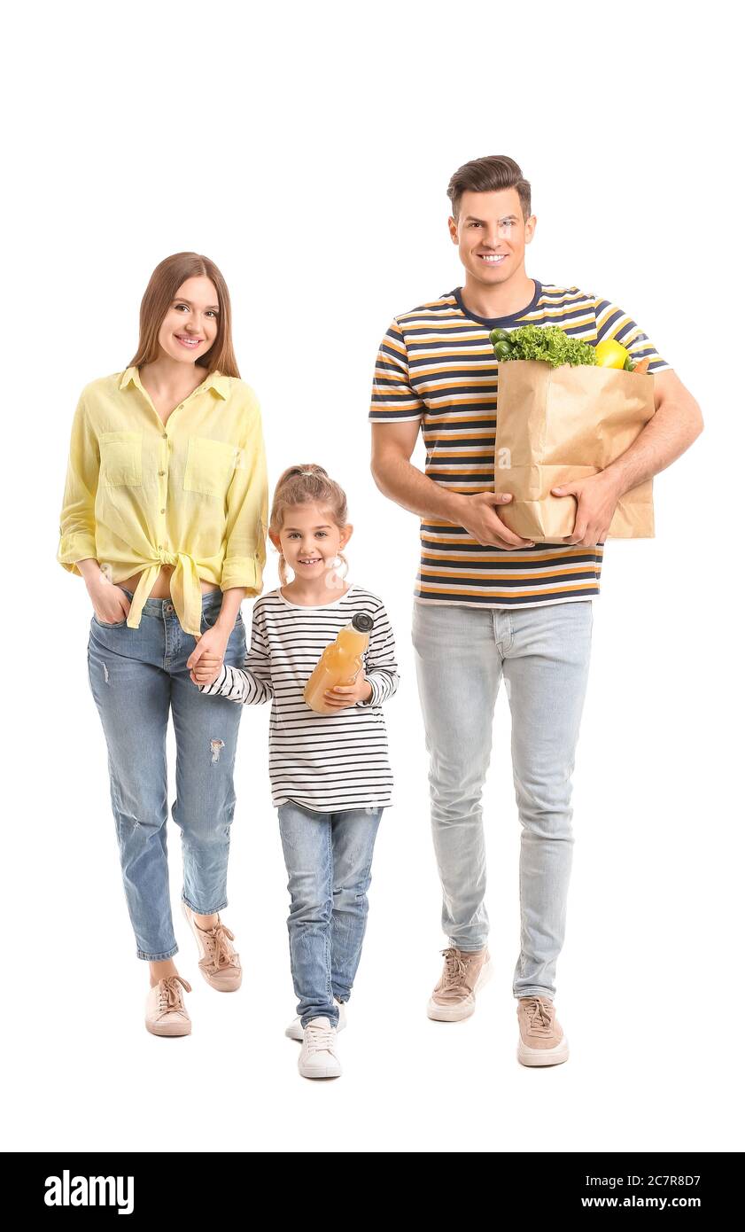 Family with food in bag on white background Stock Photo - Alamy