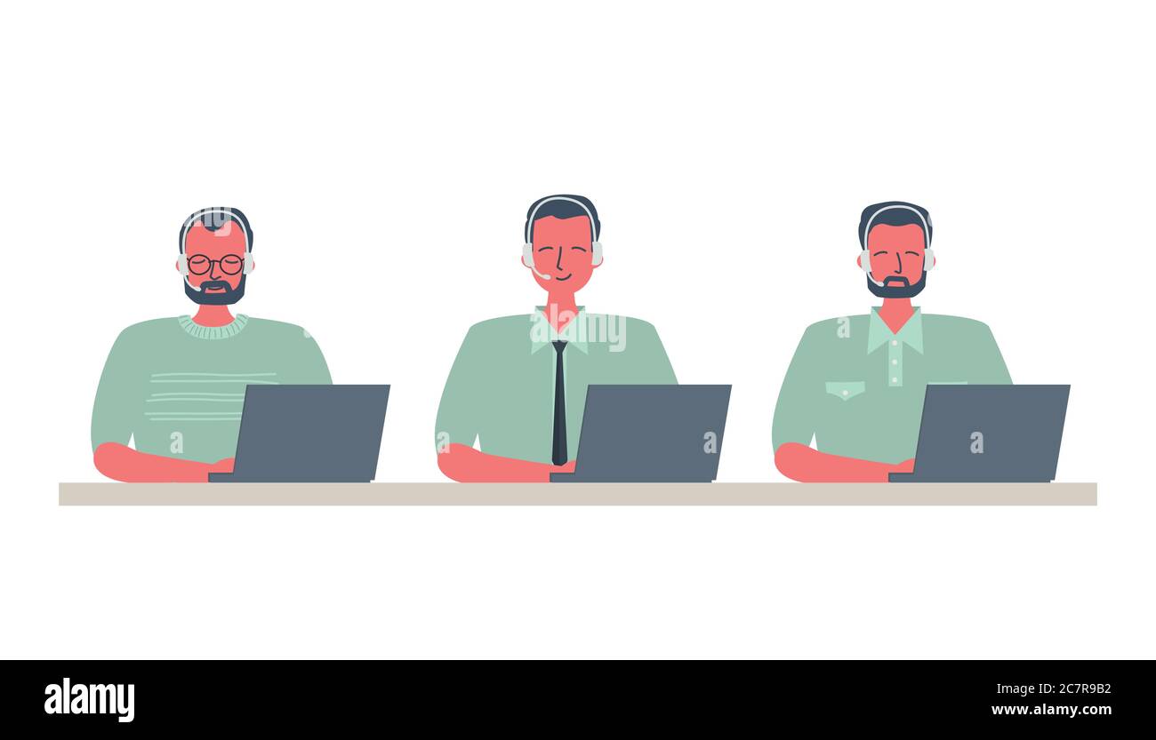 Web banner of call center workers. Young men in headphones sitting at ...