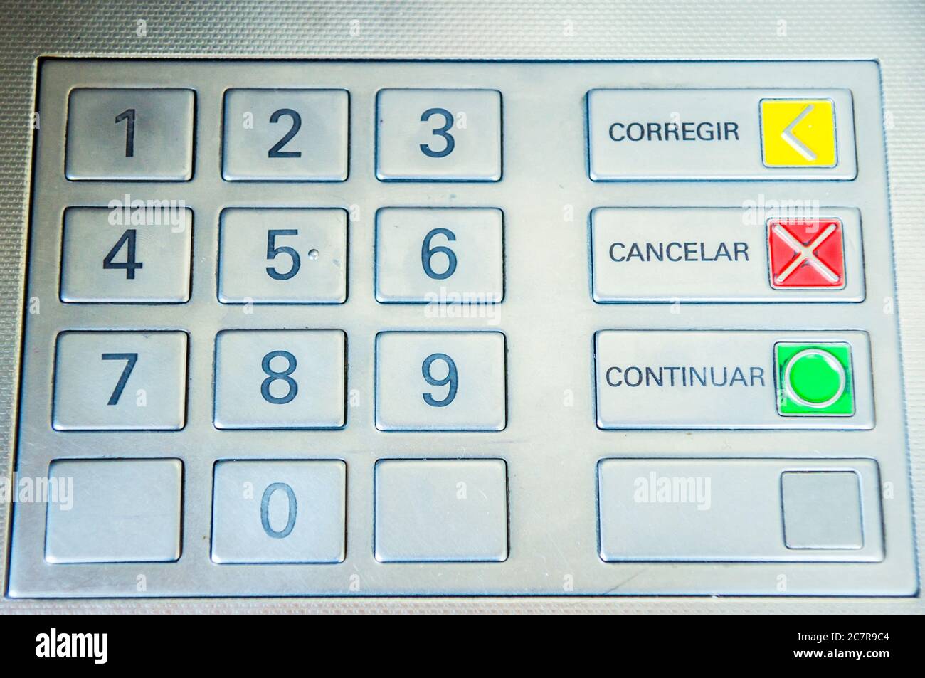 Closeup shot of a Spanish ATM machine keypad Stock Photo - Alamy
