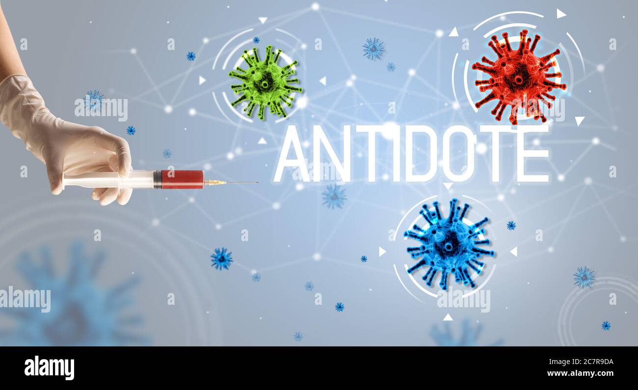 Syringe, medical injection in hand with ANTIDOTE inscription, coronavirus vaccine concept Stock ...