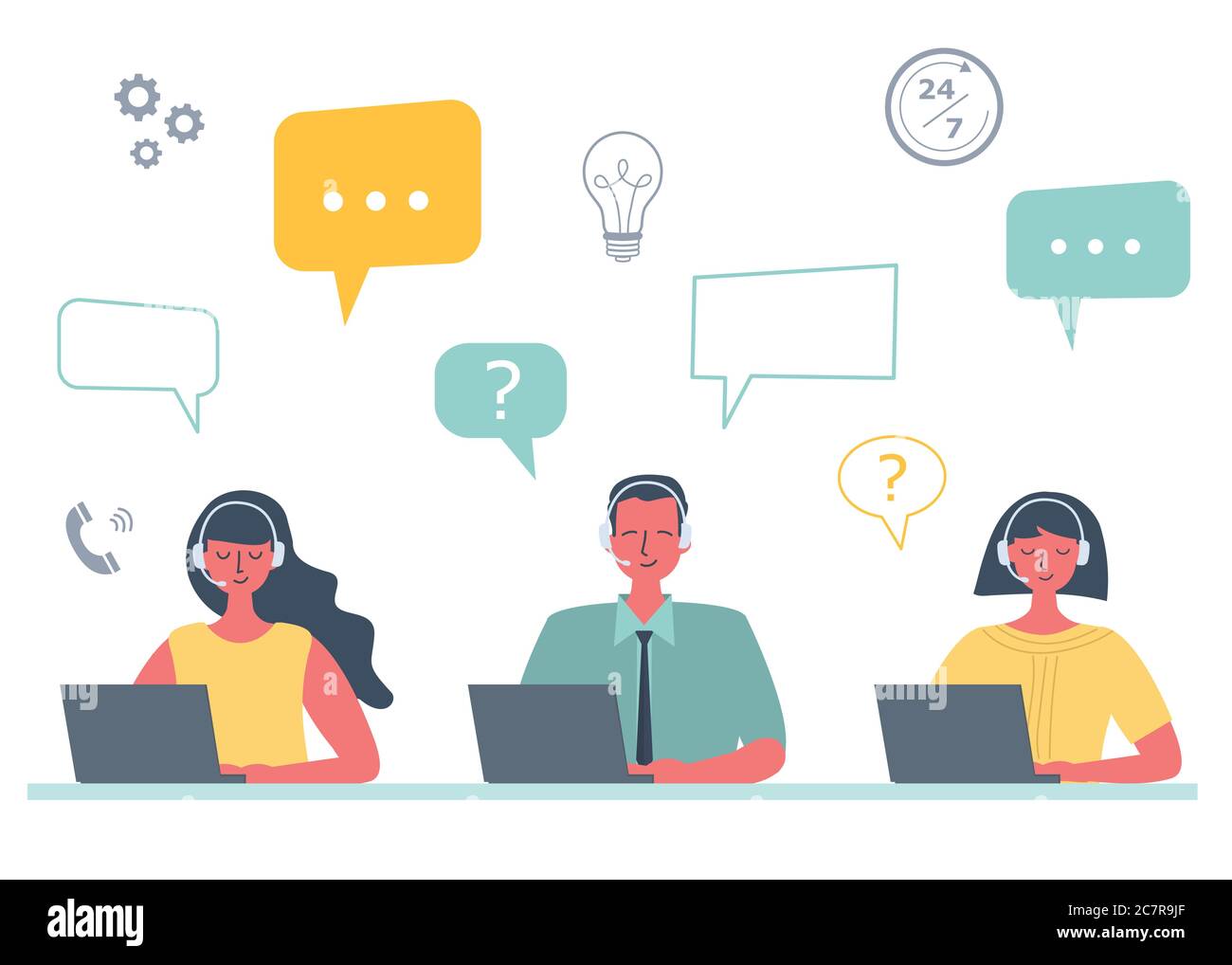 Web banner of call center workers. Support service icons. Young man and ...