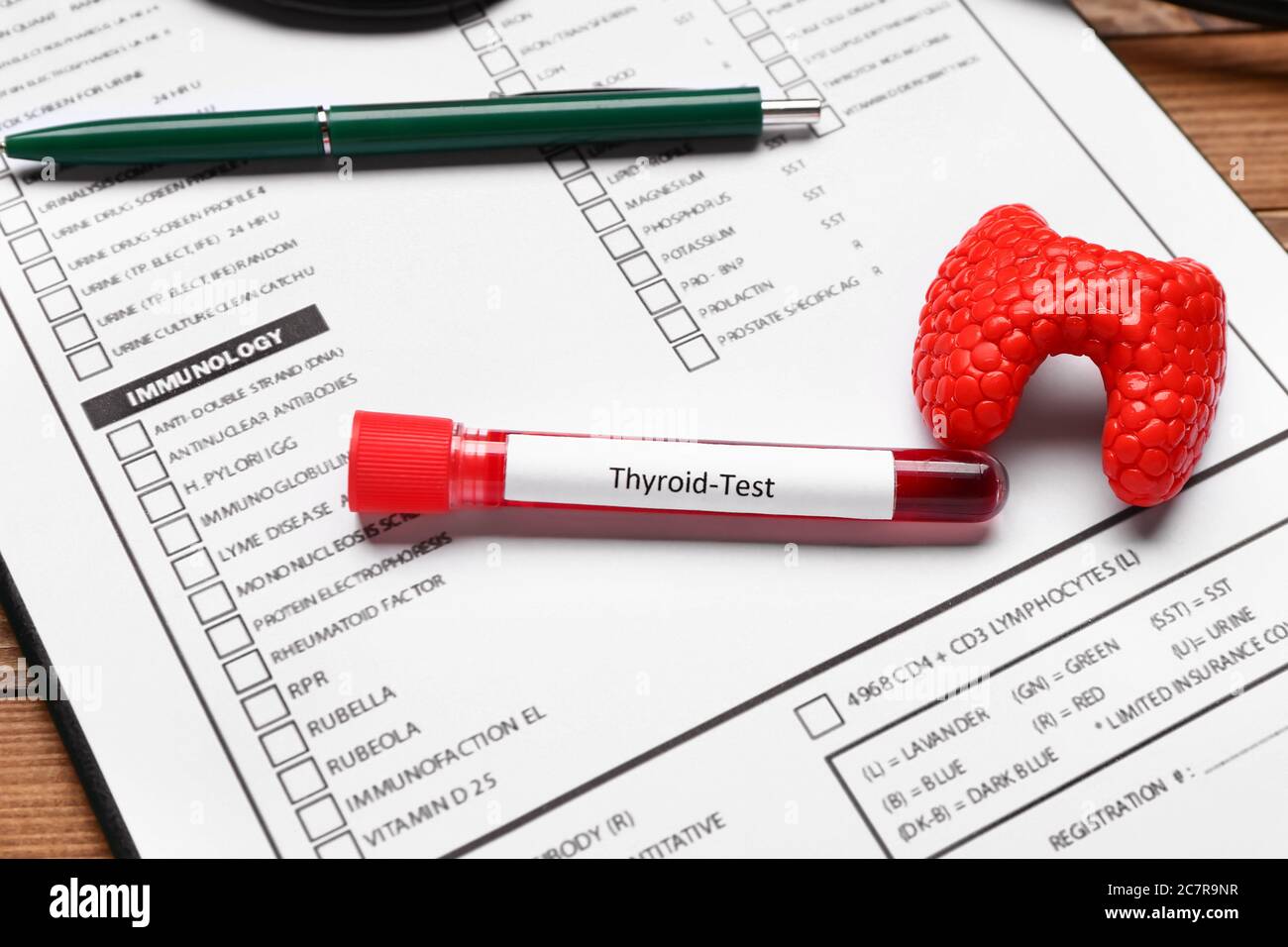 Blood sample in tube with model of thyroid and laboratory test form on ...