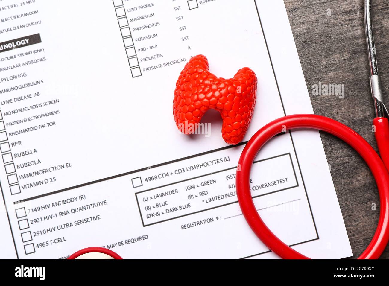 Stethoscope, model of thyroid and laboratory test form on dark ...