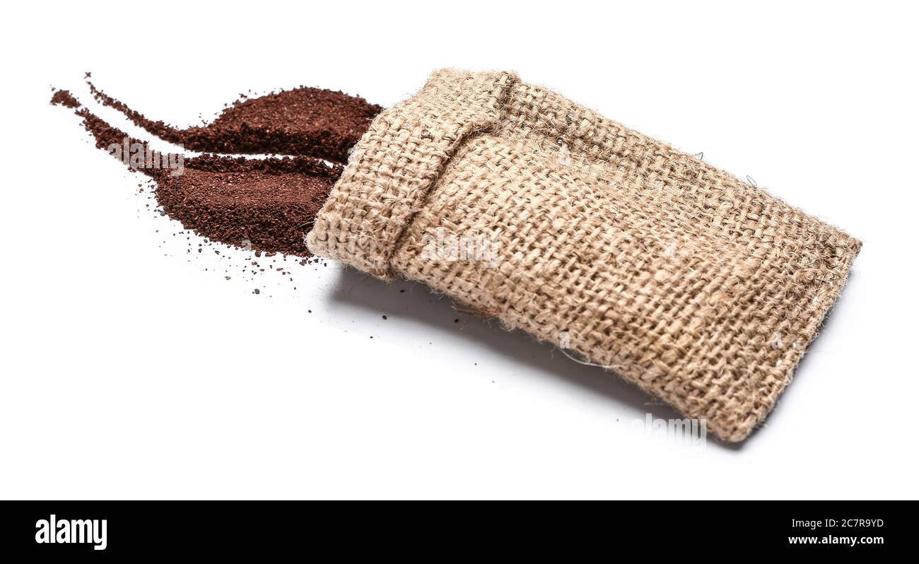 Bag with coffee powder on white background Stock Photo - Alamy