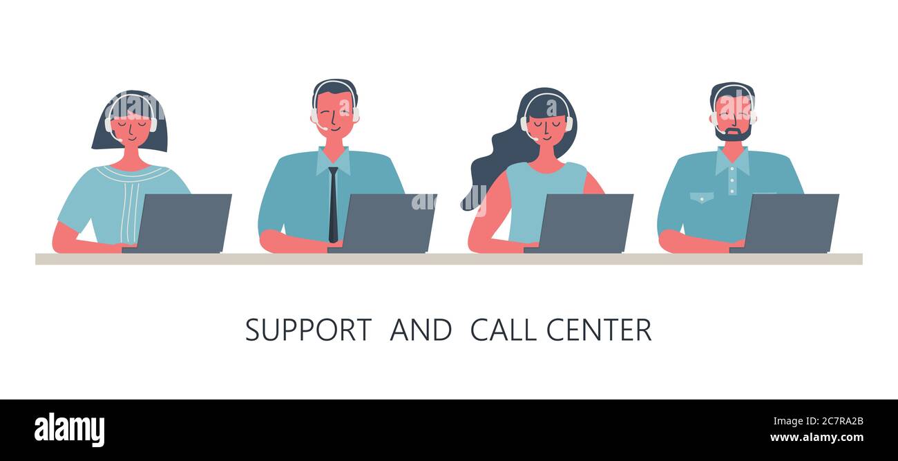 Web banner of call center workers. Young men and women in headphones ...