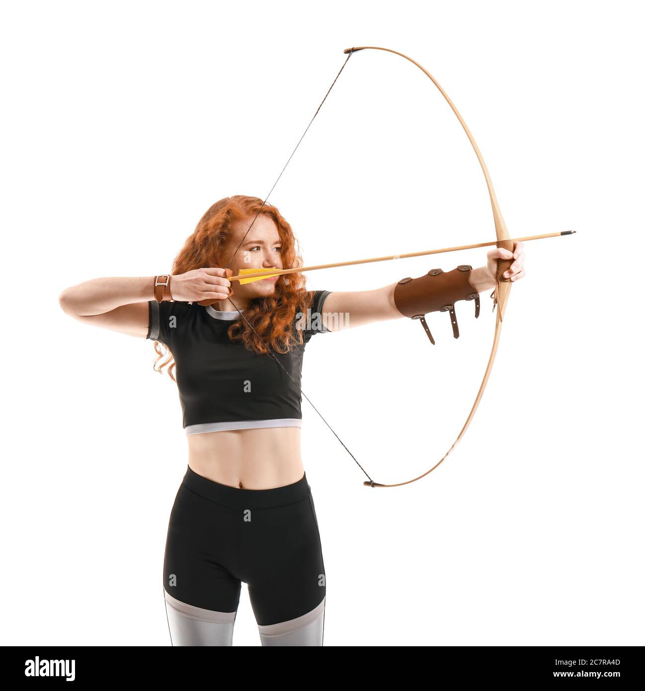 Beautiful female archer with bow on white background Stock Photo - Alamy