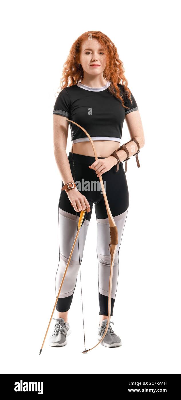 Beautiful female archer with bow on white background Stock Photo - Alamy