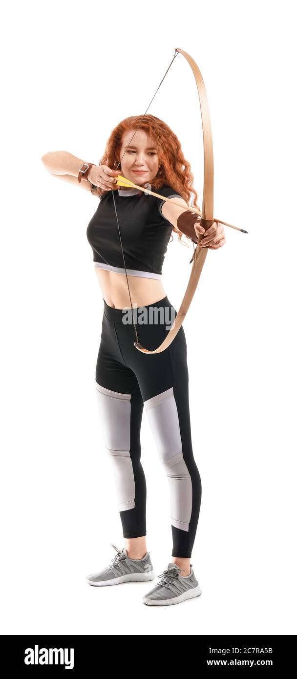 Beautiful female archer with bow on white background Stock Photo - Alamy