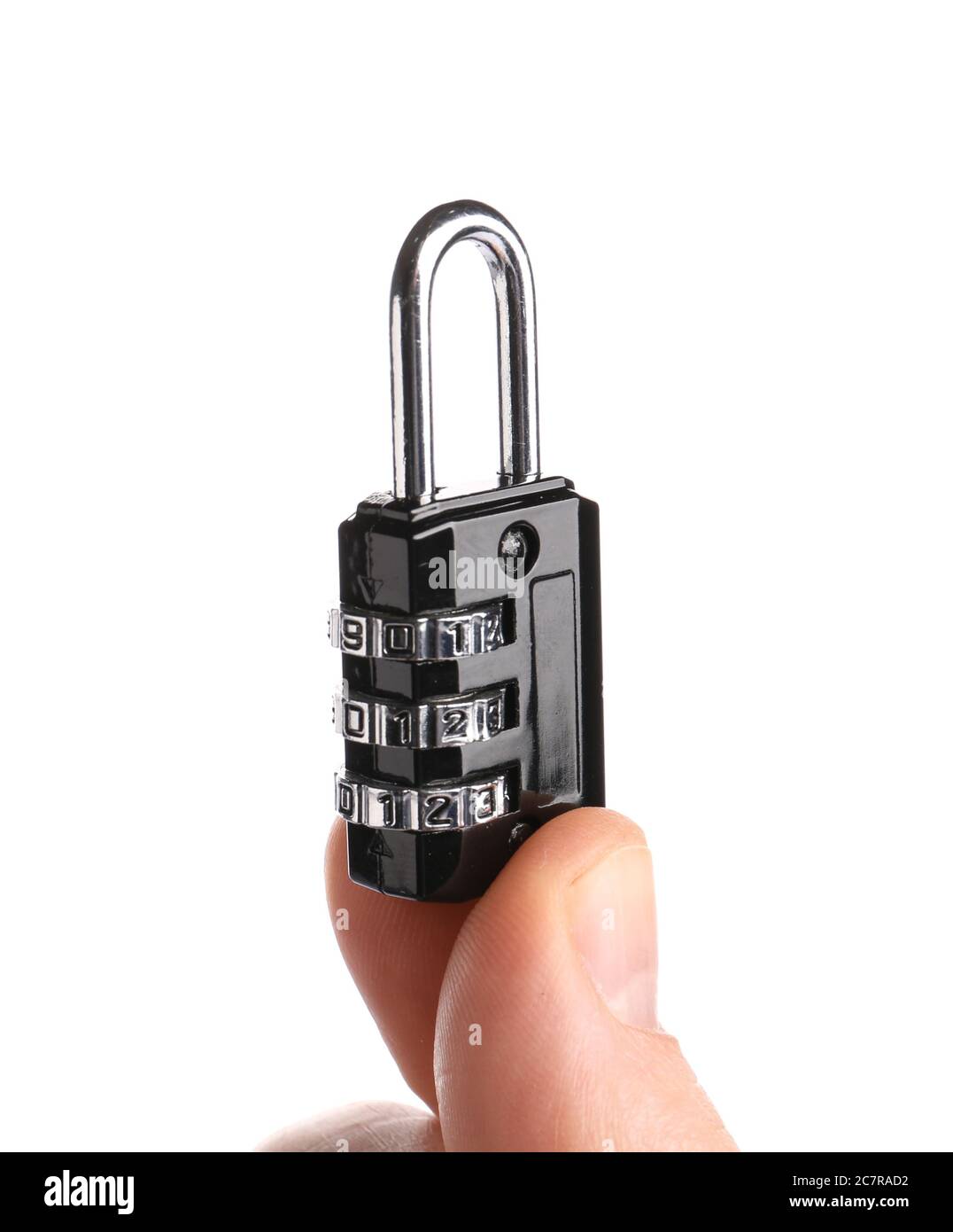 Male hand with small lock on white background Stock Photo - Alamy