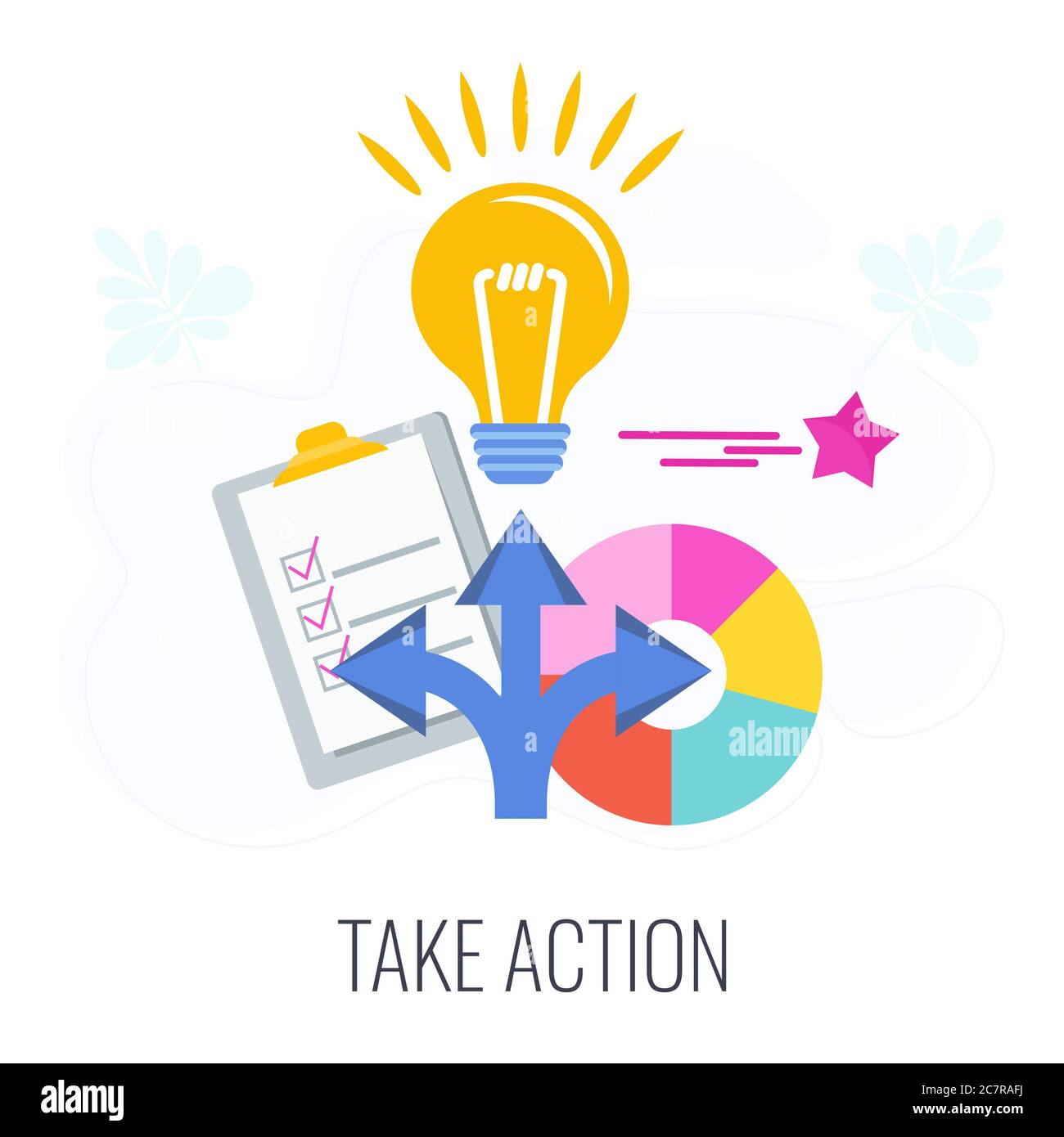 Lamp, check sheet, direction arrows and pie chart Stock Vector Image ...