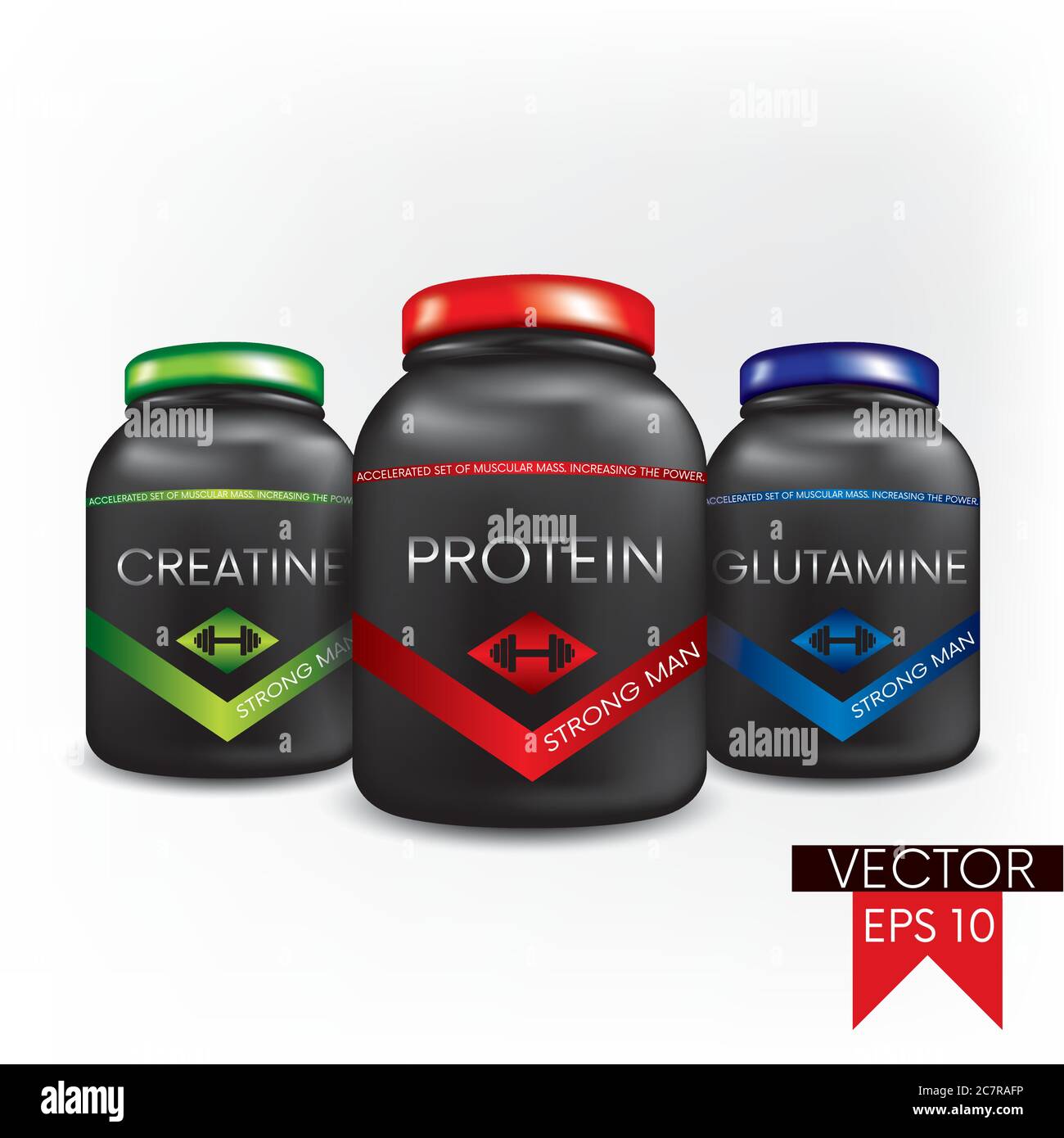 Dumbbells, capsules and a jar with creatine, protein. Vector ...