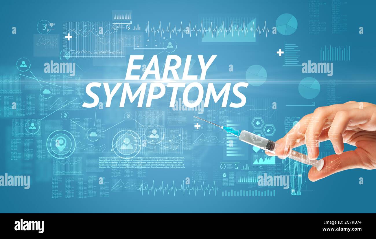 Syringe needle with virus vaccine and EARLY SYMPTOMS inscription, antidote concept Stock Photo ...