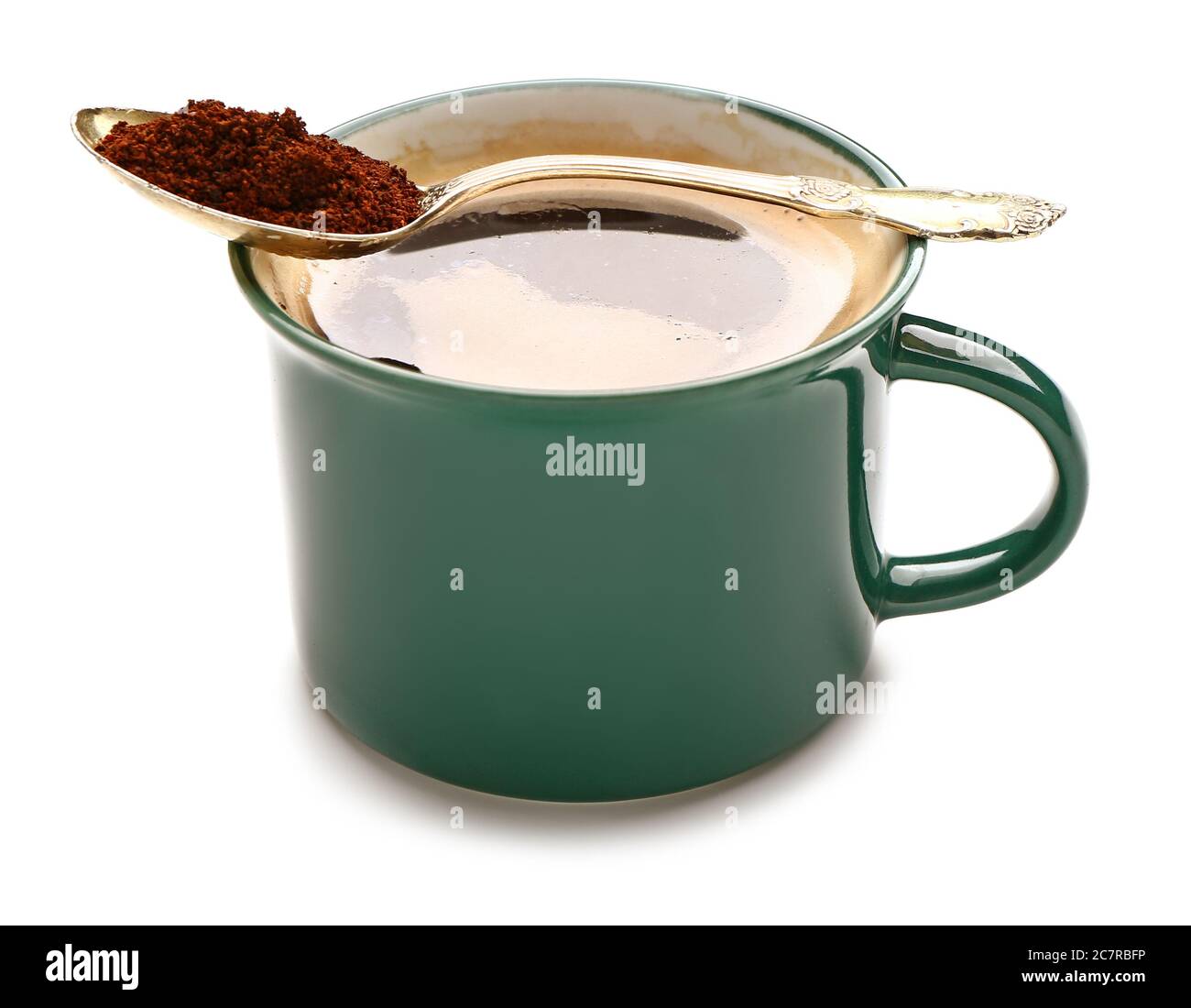 Cup of coffee and spoon with powder on white background Stock Photo - Alamy