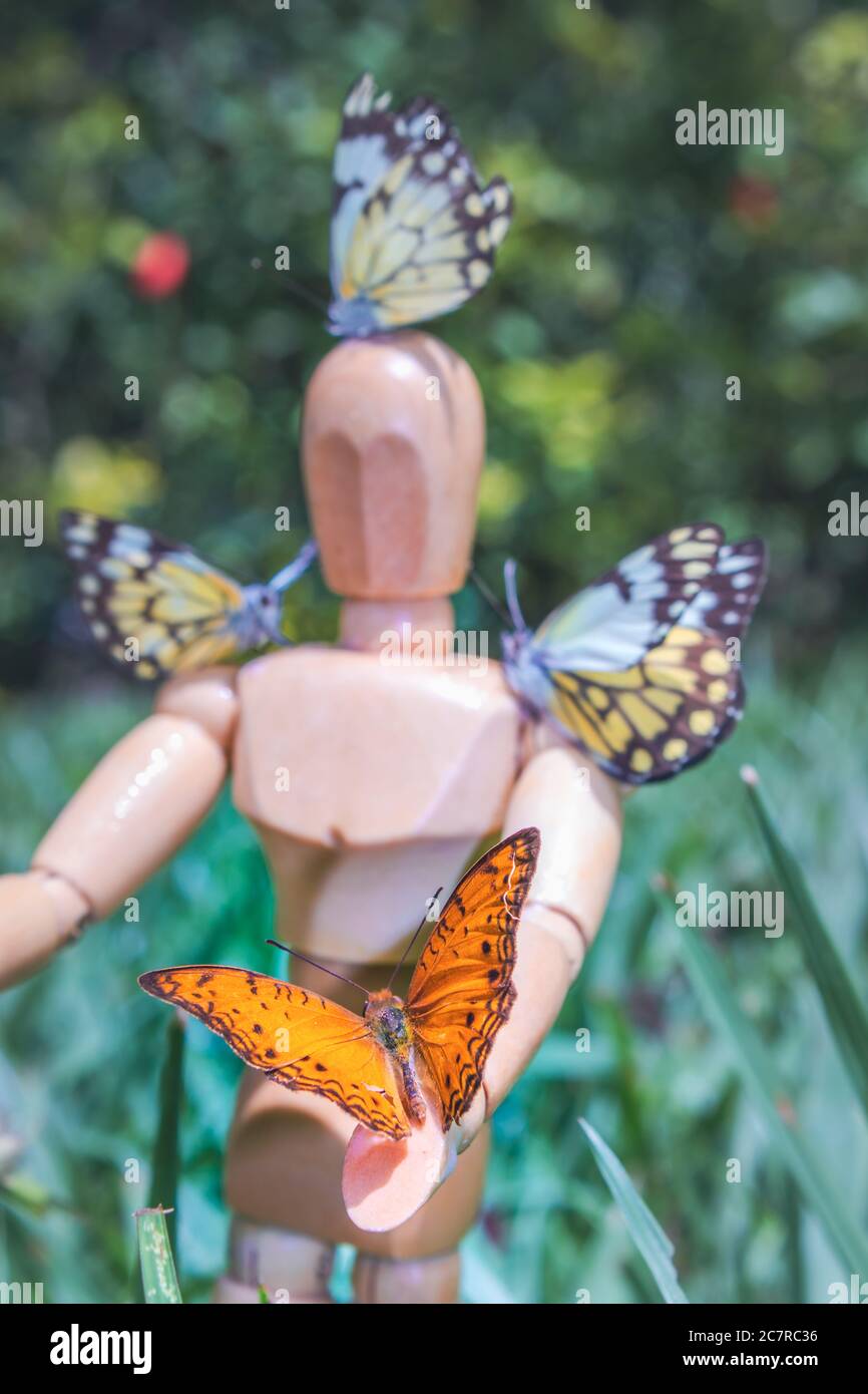 Wooden Human Manikin posing with an orange and yellow Butterflies ...