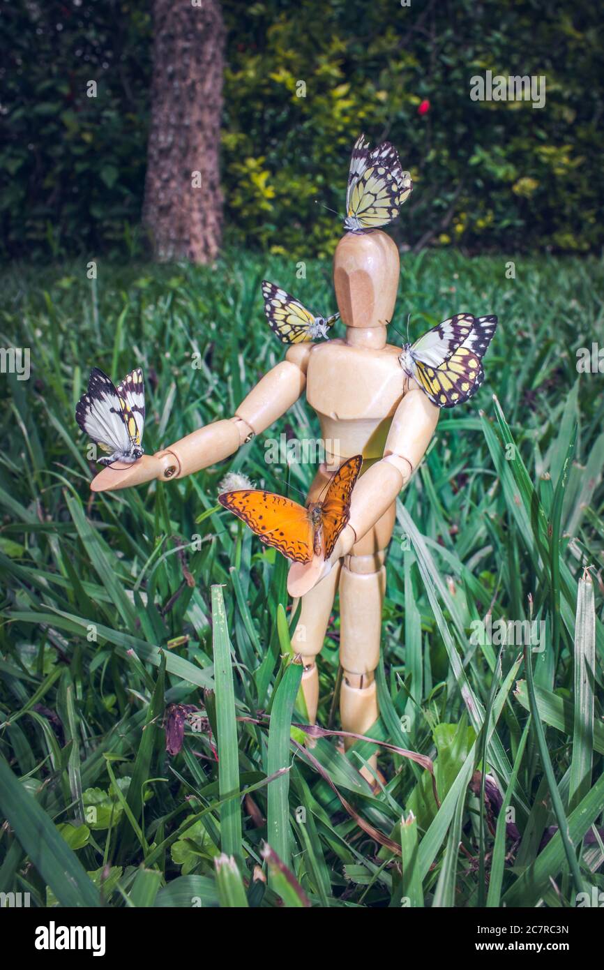 Wooden Human Manikin posing with an orange and yellow Butterflies ...