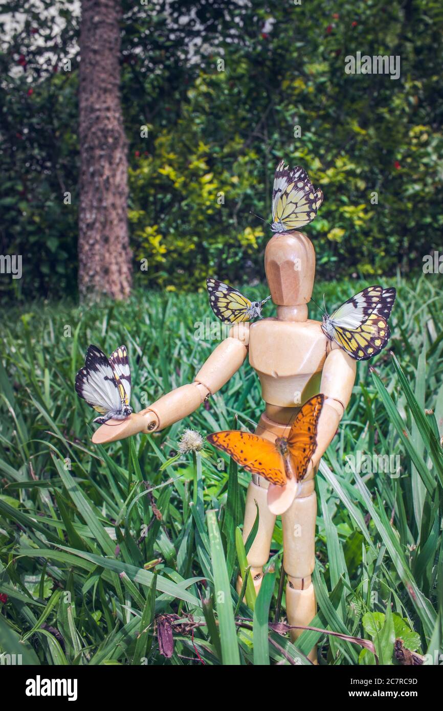 Wooden Human Manikin posing with an orange and yellow Butterflies ...