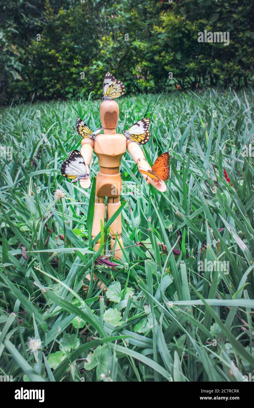 Wooden Human Manikin posing with an orange and yellow Butterflies ...