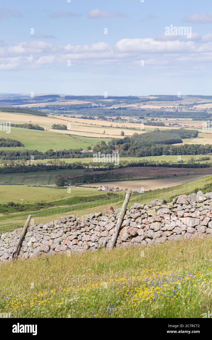 View across open countryside and farm land from Yeavering Bell ...