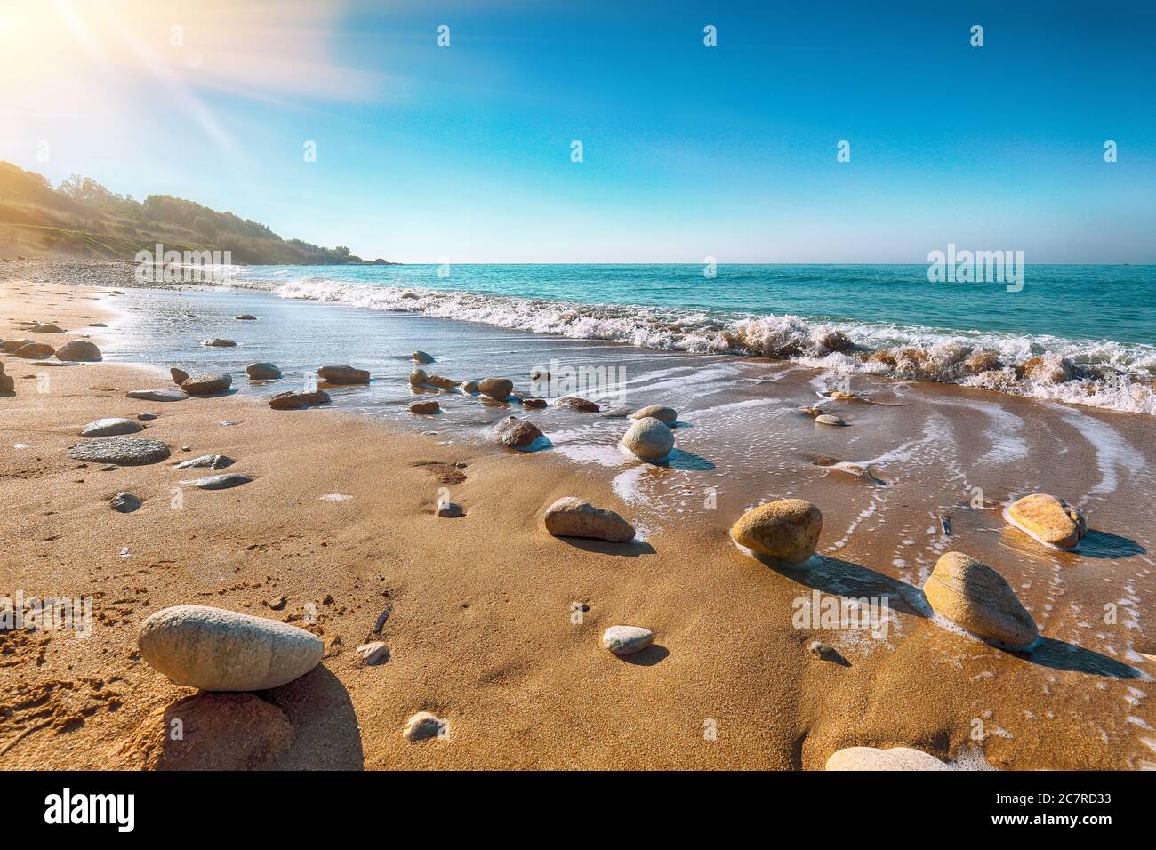 Fantastic view azure sea glowing by sunlight. Dramatic morning scene ...
