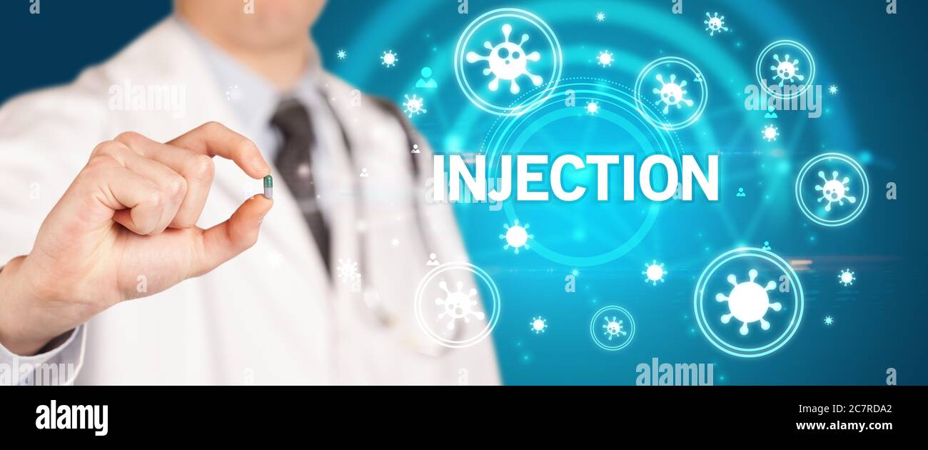 Doctor giving pill with INJECTION inscription, coronavirus concept ...