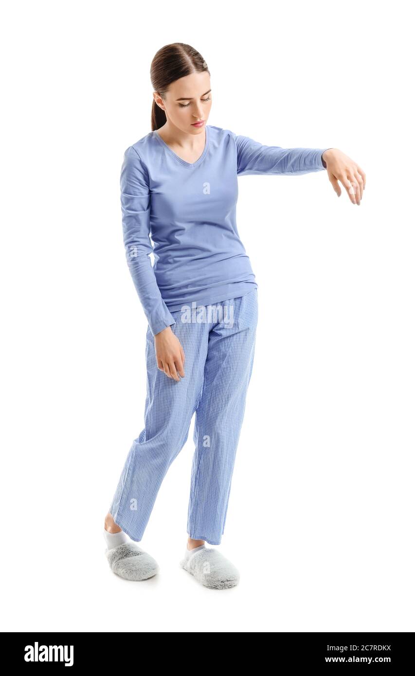 Female sleepwalker on white background Stock Photo - Alamy
