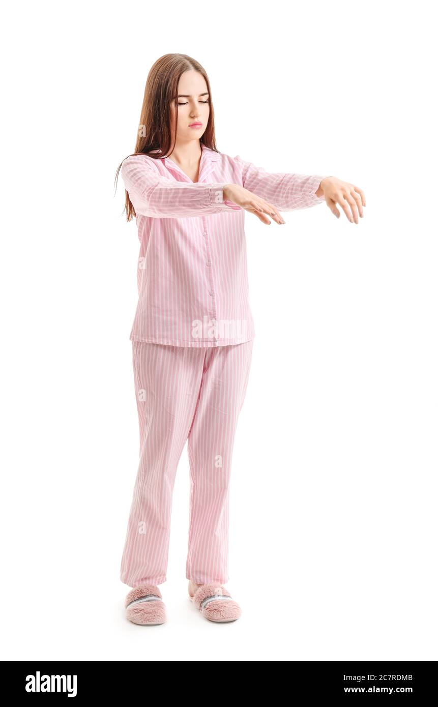 Female sleepwalker on white background Stock Photo - Alamy