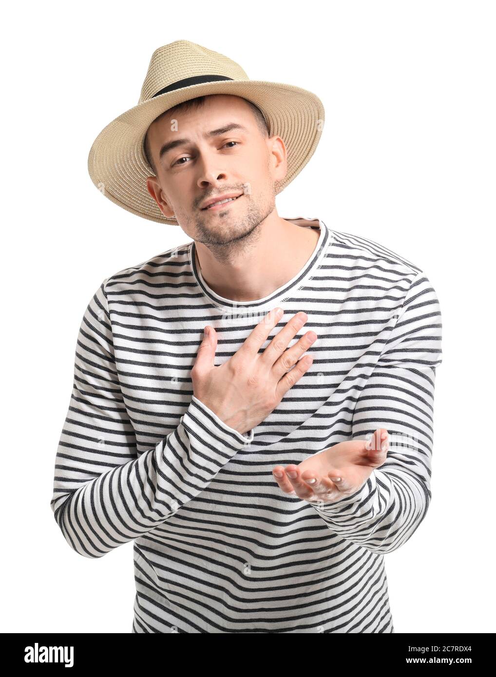 Portrait of apologizing man on white background Stock Photo - Alamy