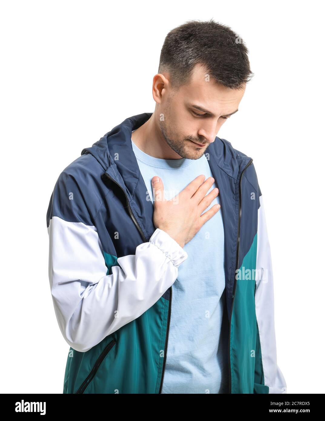 Portrait of apologizing man on white background Stock Photo - Alamy