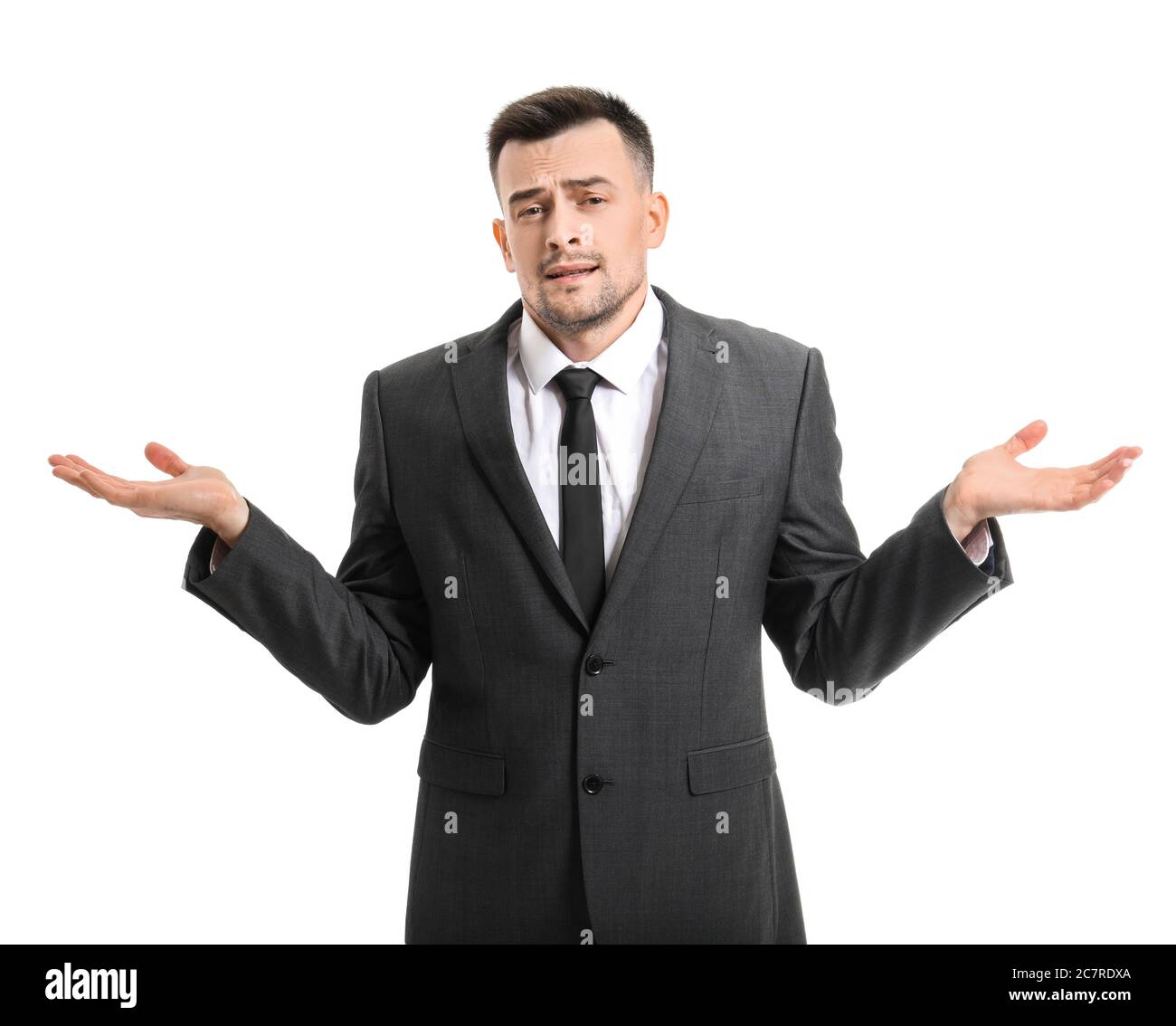 Portrait of apologizing businessman on white background Stock Photo - Alamy