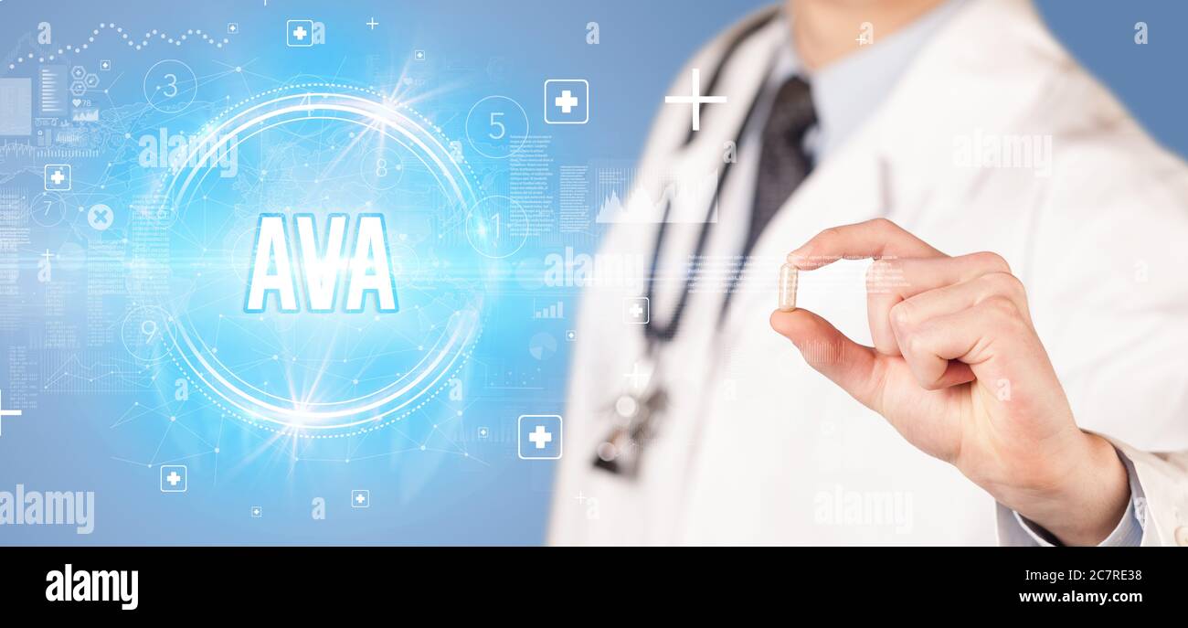 Close-up of a doctor giving you a pill with AVA abbreviation, virology ...
