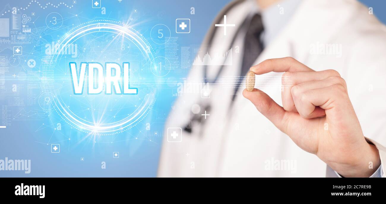 Close-up of a doctor giving you a pill with VDRL abbreviation, virology ...
