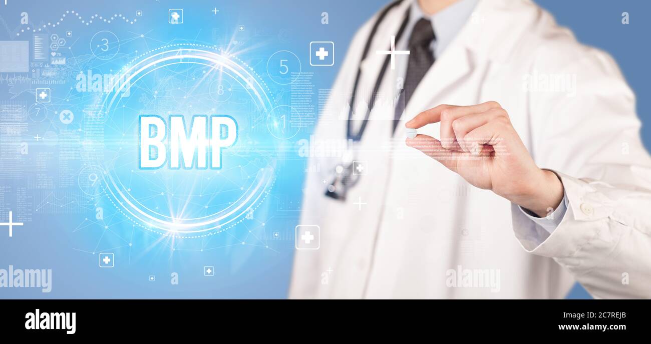 Close-up of a doctor giving you a pill with BMP abbreviation, virology ...
