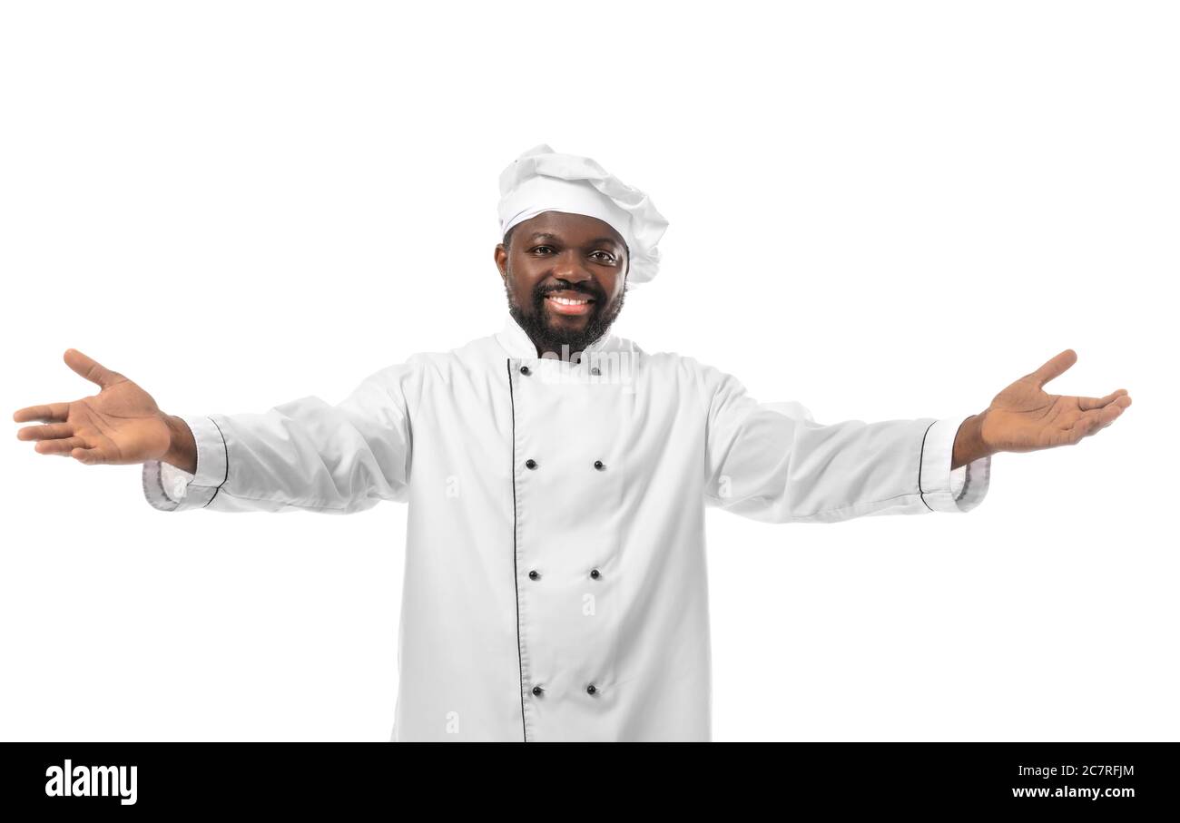 Male African-American chef on white background Stock Photo - Alamy