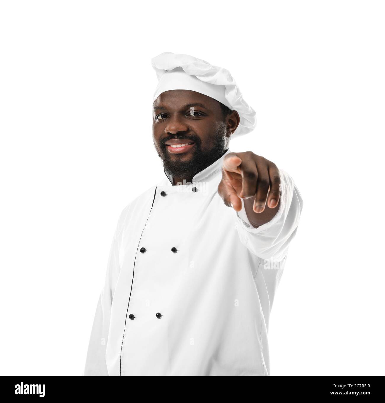 Male African-American chef pointing at viewer on white background Stock ...